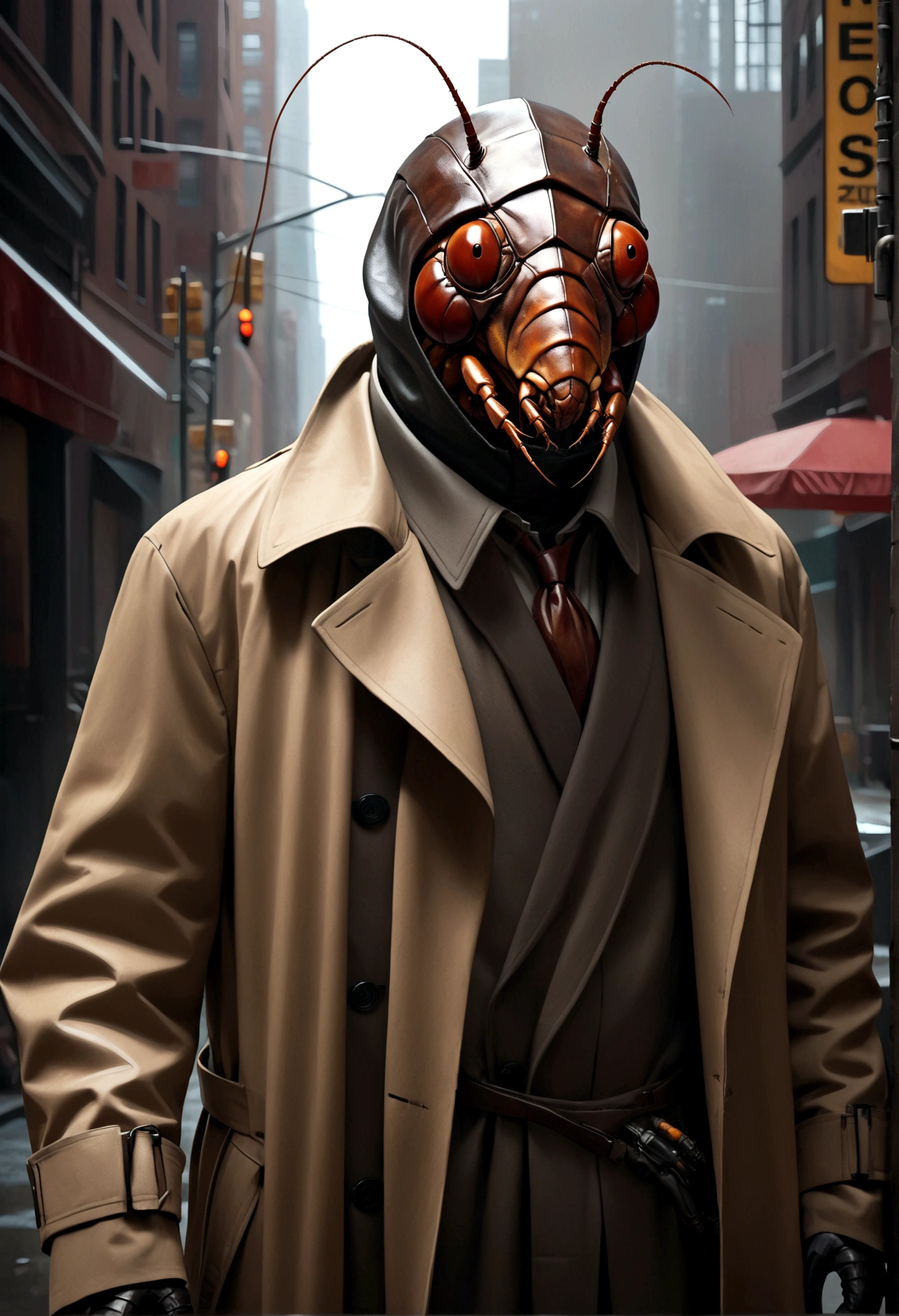 A humanoid cockroach in a trench coat and a wax human mask, attempting ...