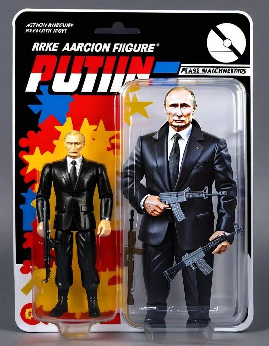 An action figure of Putin in a plastic box, resembling a photograph ...