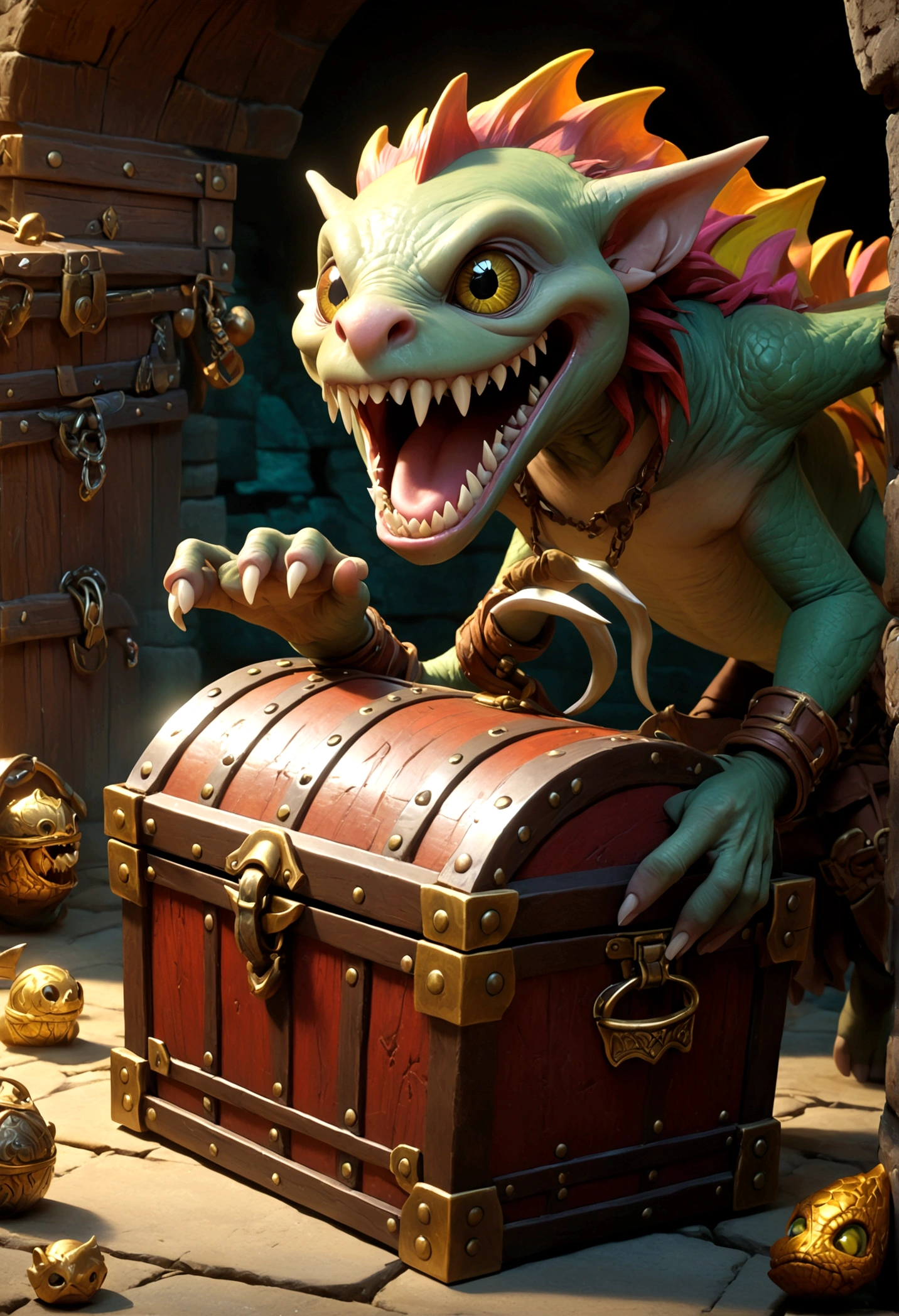 A treasure chest mimic opens its toothy maw and chases after a cute ...