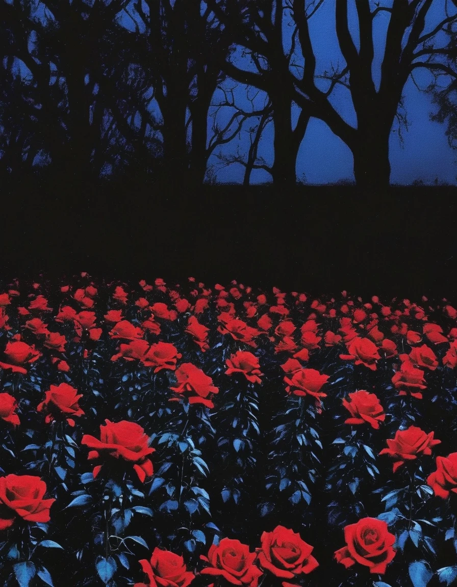 Film photography, vintage, long view of red roses field with silhouette ...