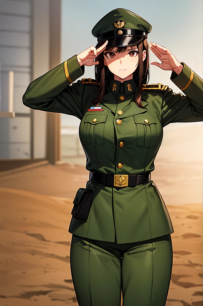 Content: A black, adult female general with brown hair and brown eyes ...