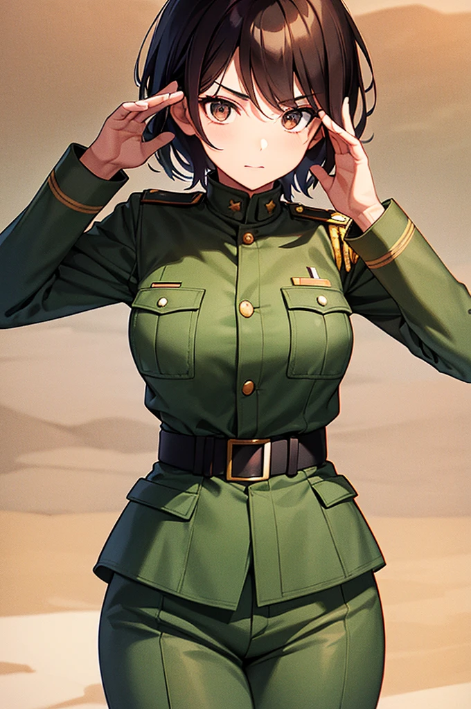 Content: A black, adult female general with brown hair and brown eyes ...