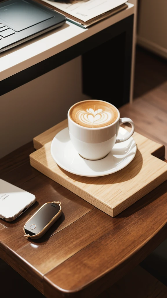 Super realistic aesthetic table with a handphone, coffee and headphone ...