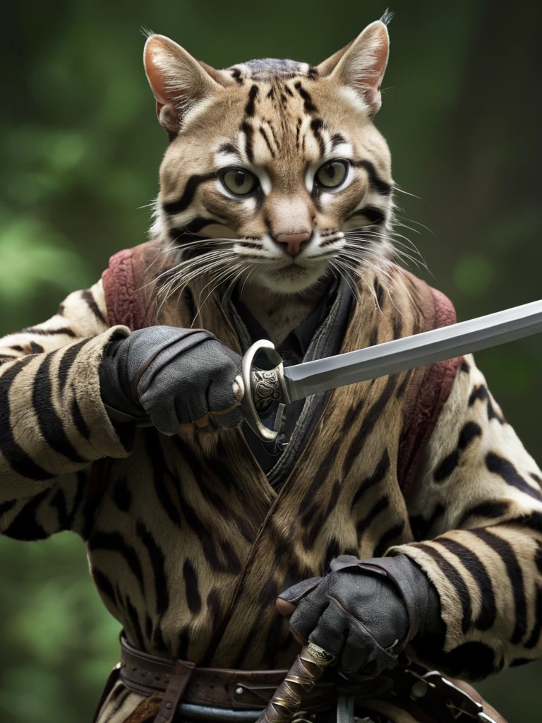 Ocelot、Holding a sword， Extremely high resolution detail, photograph ...