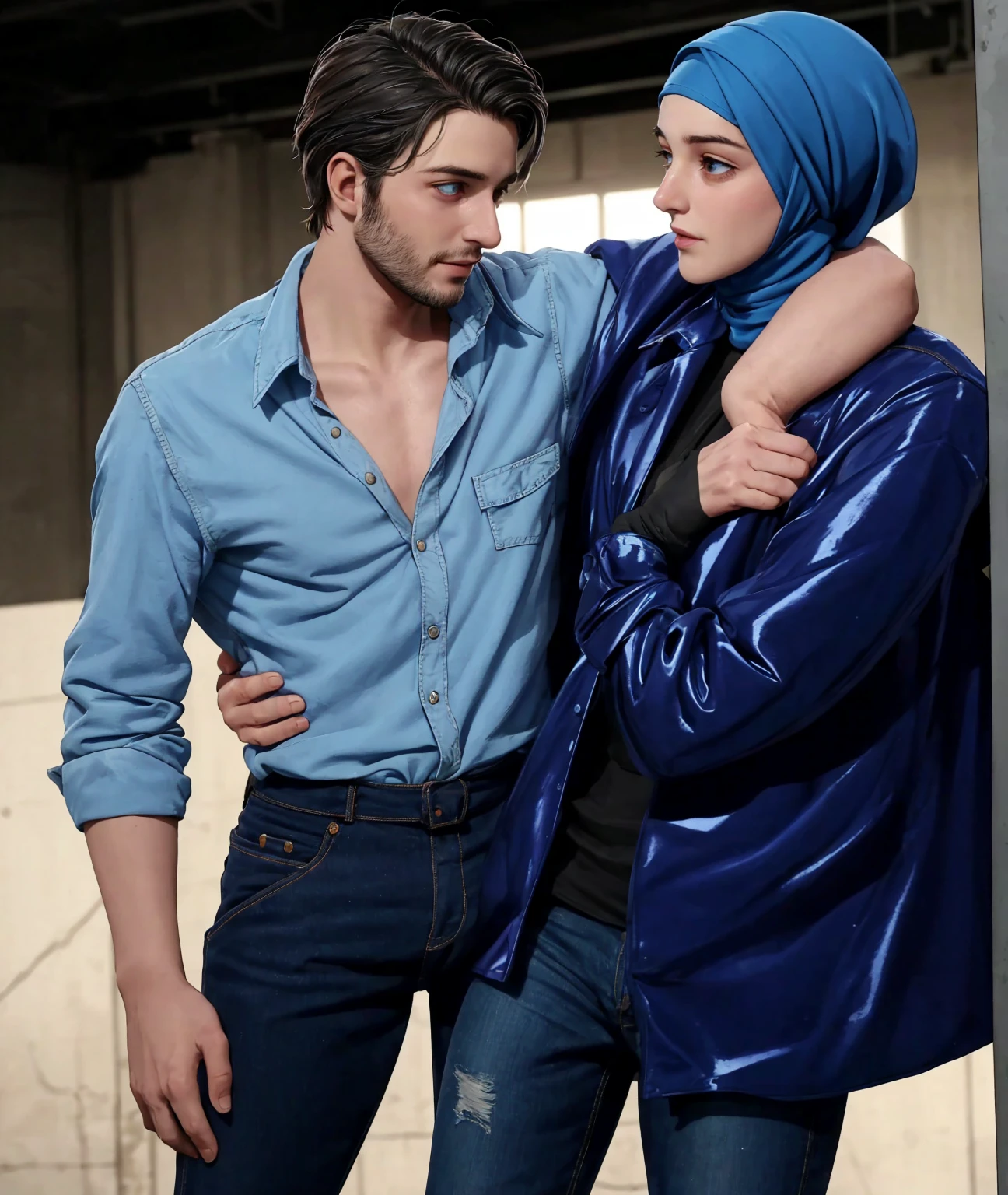 A young German man in a blue cotton shirt and jeans and a Syrian woman in a shin - SeaArt AI