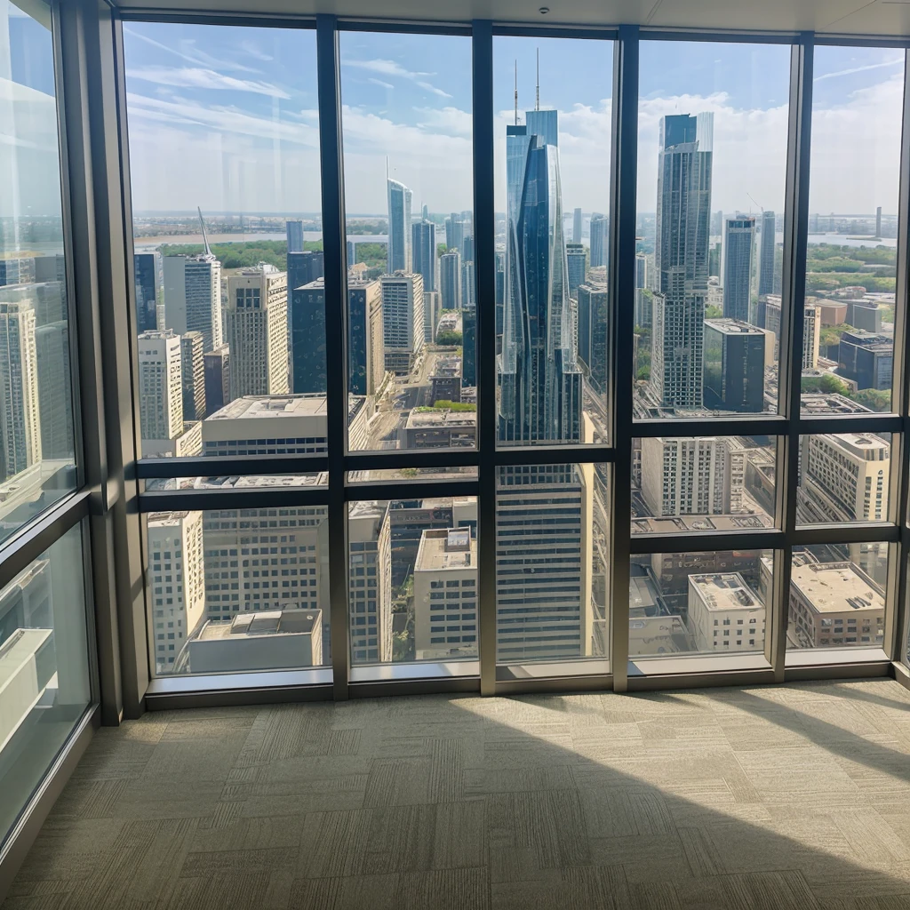 "High-rise office building with floor-to-ceiling windows and cityscape ...