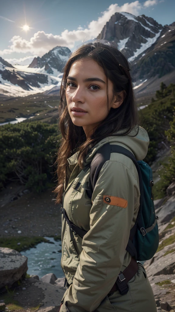 A beautiful woman, mountain climbing, 60L backpack, windproof jacket ...