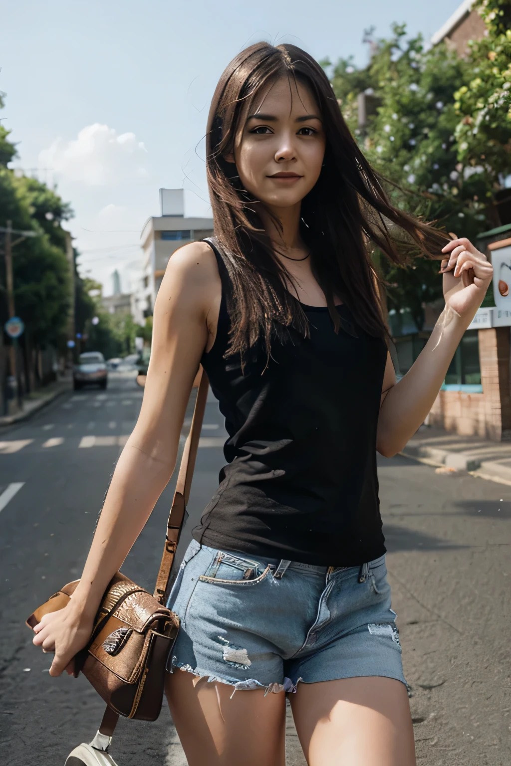 Arafed asian woman in black top and denim shorts walking down the street - SeaArt AI
