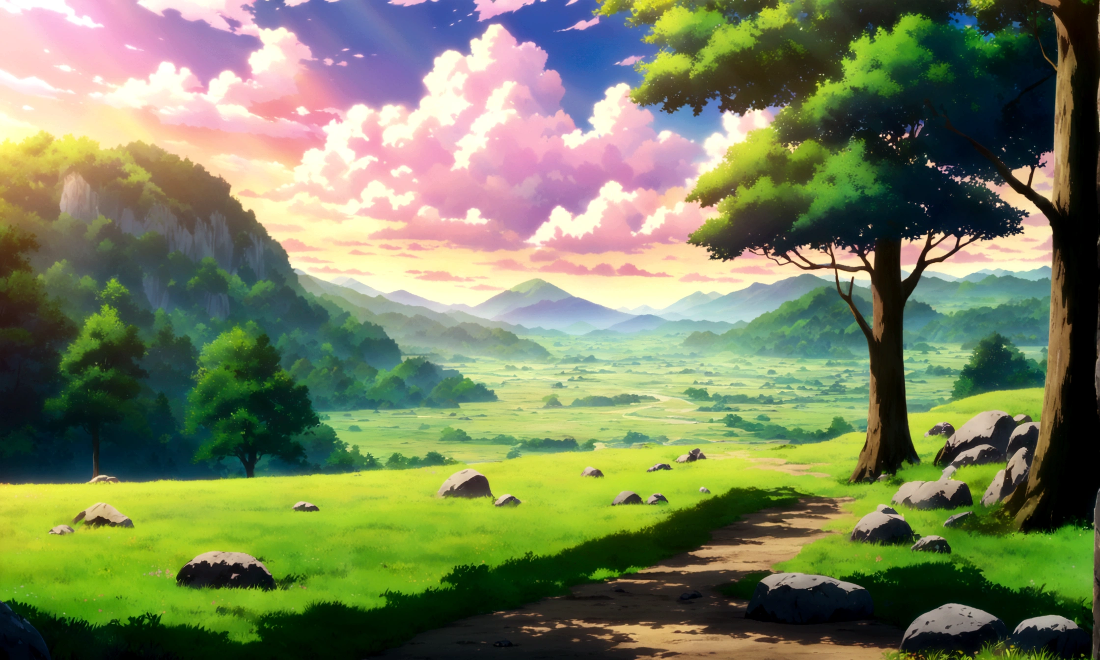 anime - style painting of a tree in a grassy field with rocks - SeaArt AI