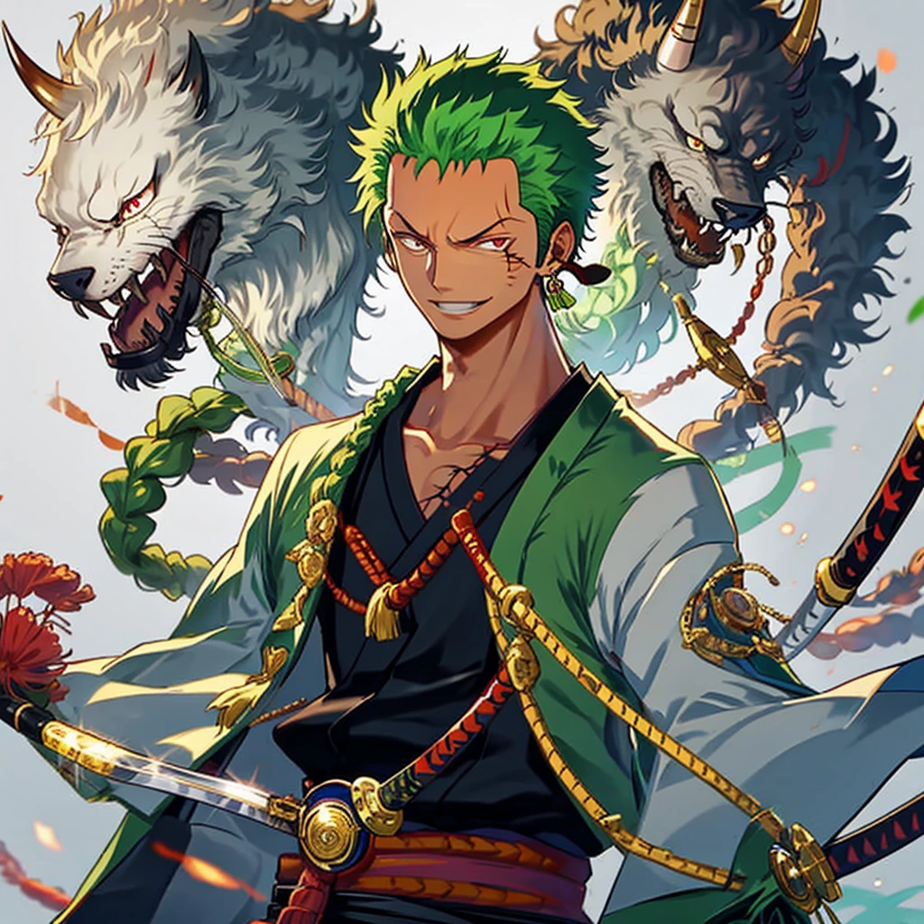 Zoro, Solo, view the viewer, Smile, Short hair, Red eyes, 1boy - SeaArt AI