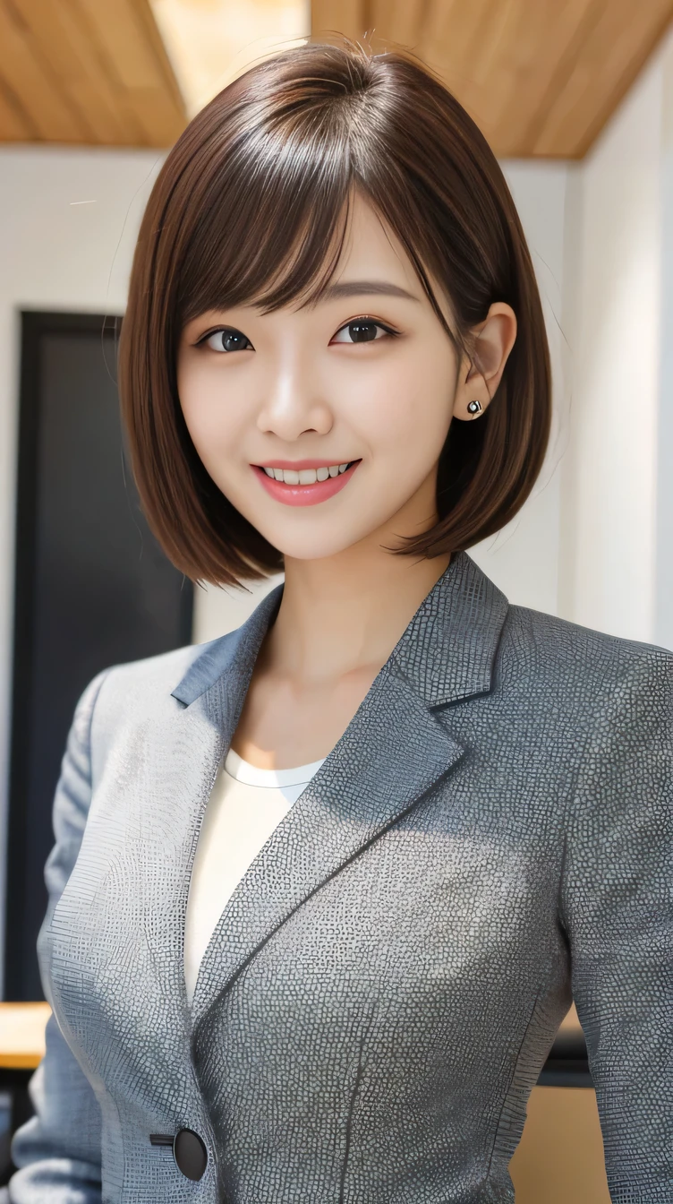 灰色のスーツと白いシャツを着た女性が写真を撮るためにポーズをとっている Seaart Ai