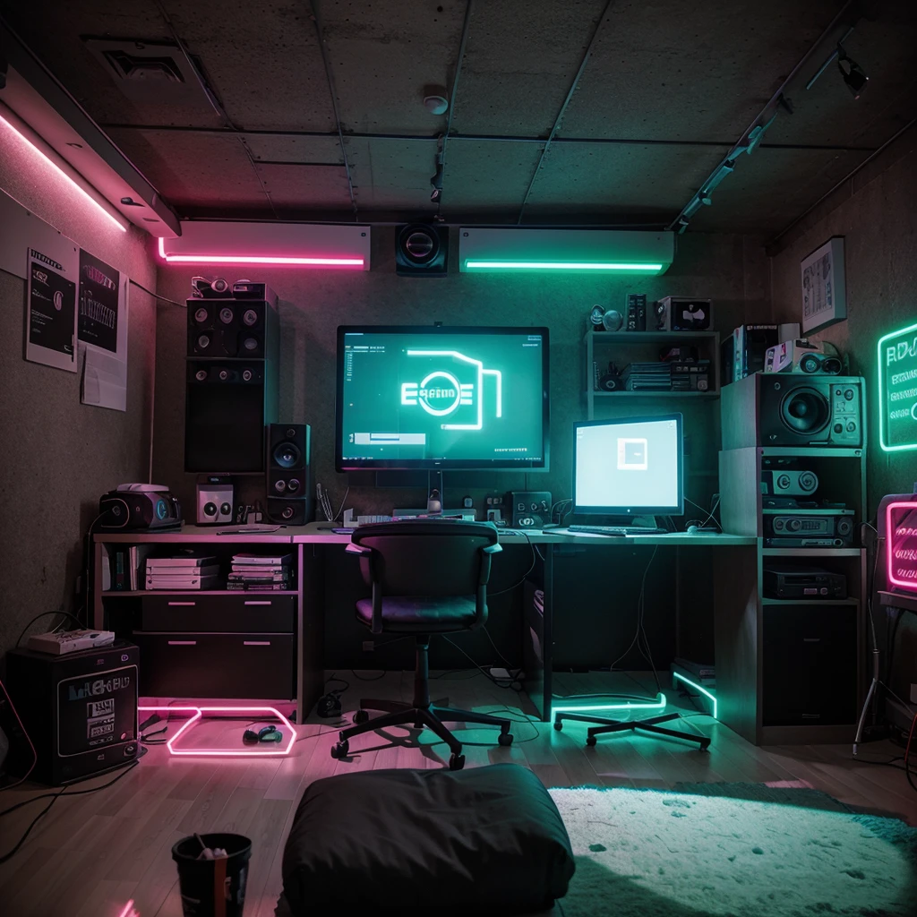 Create a Studio Room with Computer setup inside, On the Wall behind add ...