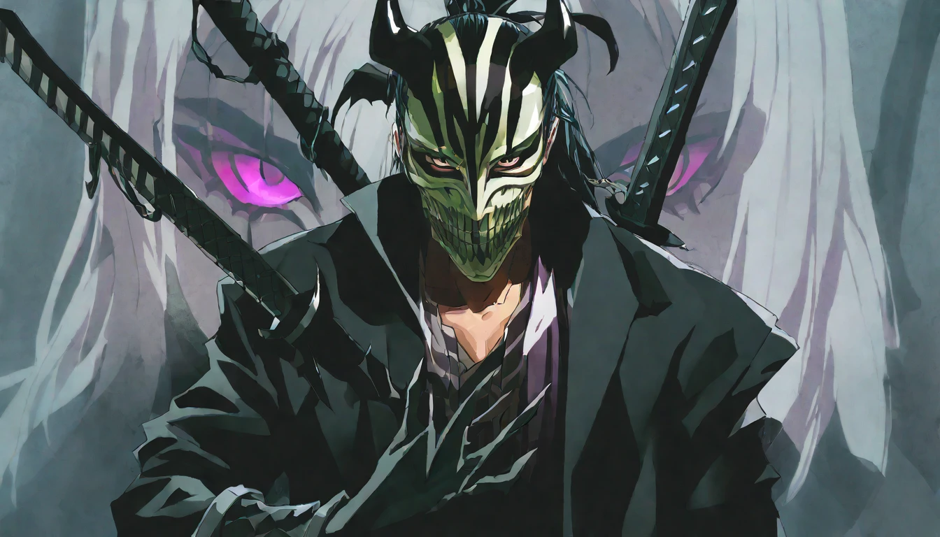 Demon mask, sword on the hand,close up, black heavy detailed clothes ...