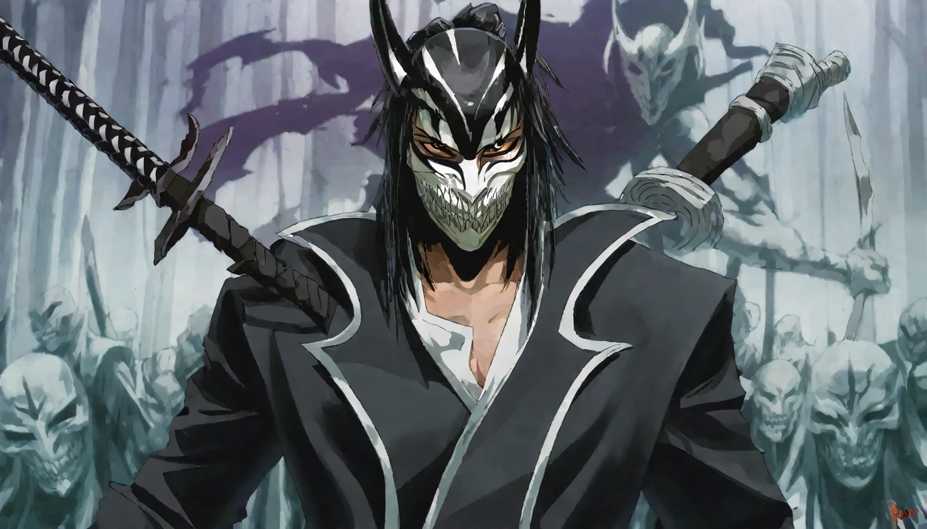 Demon mask, sword on the hand,close up, black heavy detailed clothes ...