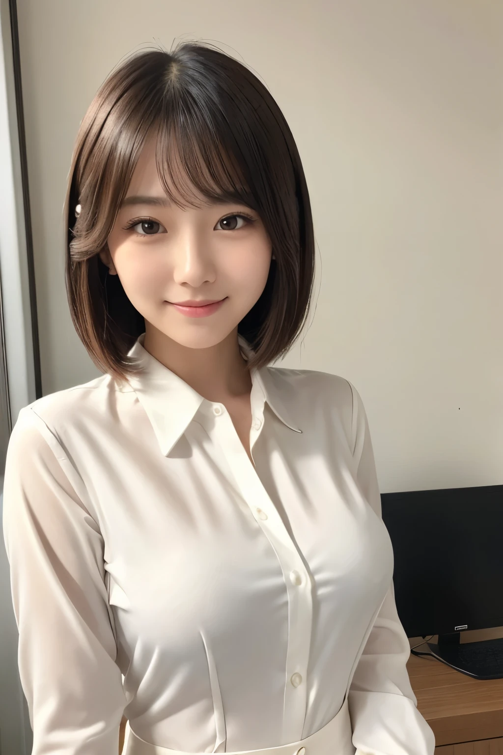 白いシャツと黒いズボンを着た女性が写真のポーズをとる Seaart Ai