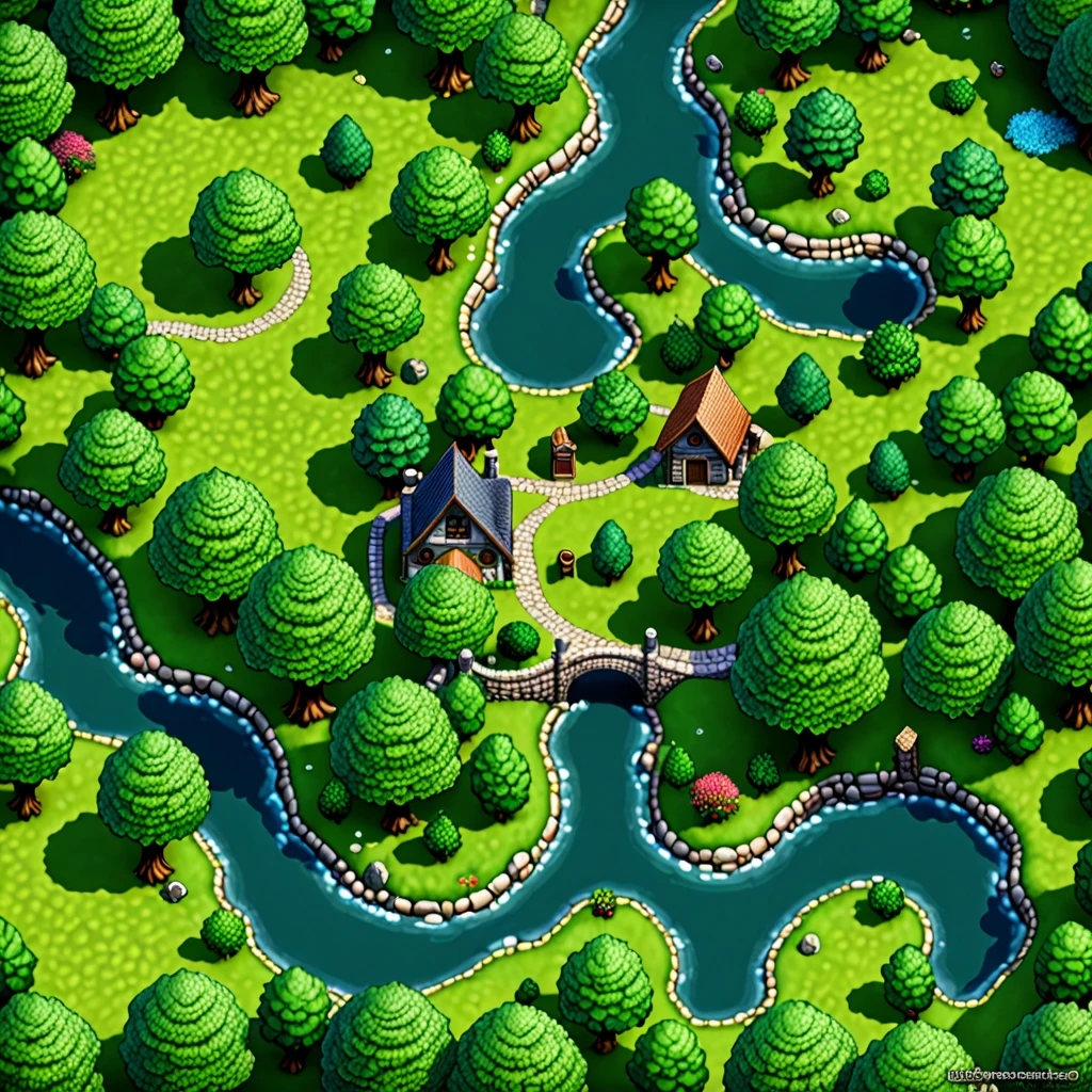 A highly detailed 3D rpg maker style map, lush forest, rolling hills ...
