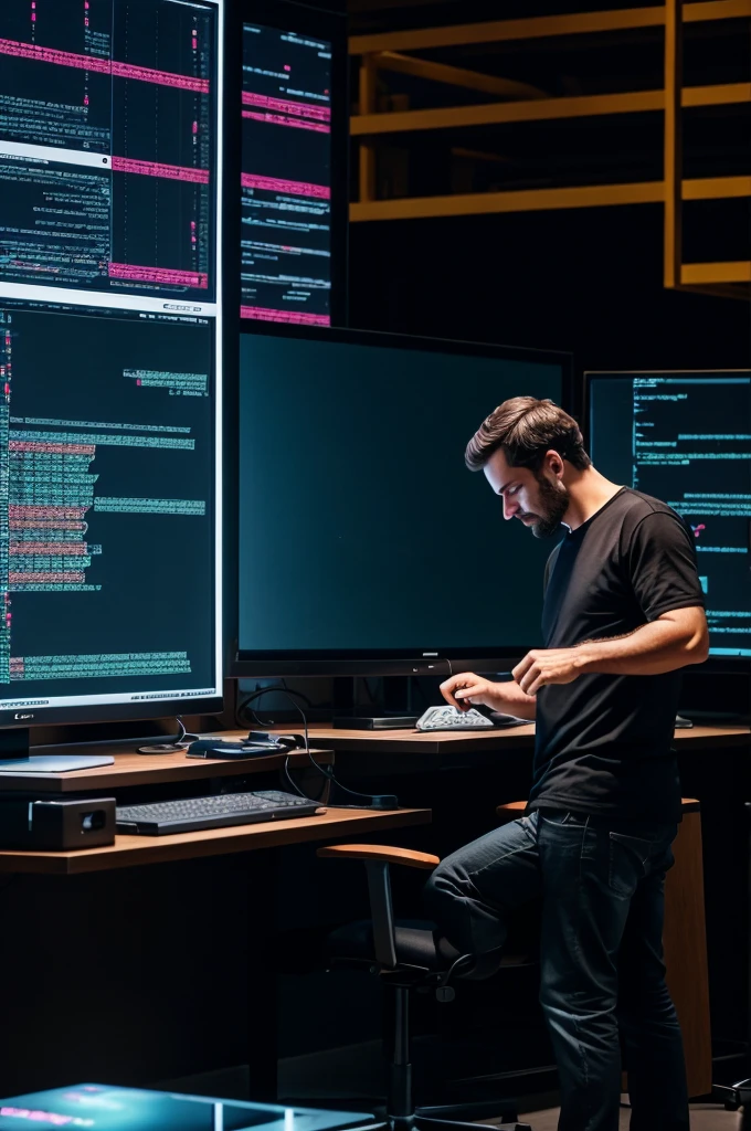 Mid 30 aged man coding a long set of code on a big screen - SeaArt AI