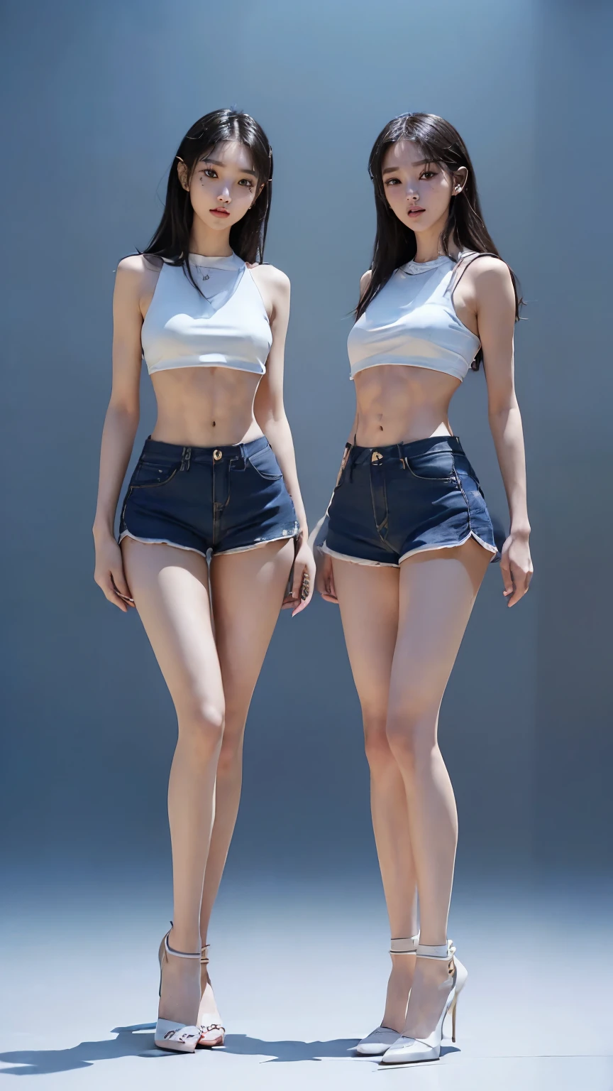 Two women in high waisted shorts and high heels posing for a picture - SeaArt AI