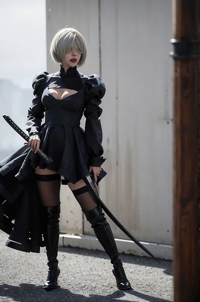 2B, 1girl, solo, short hair, thighhighs, gloves, long sleeves - SeaArt AI