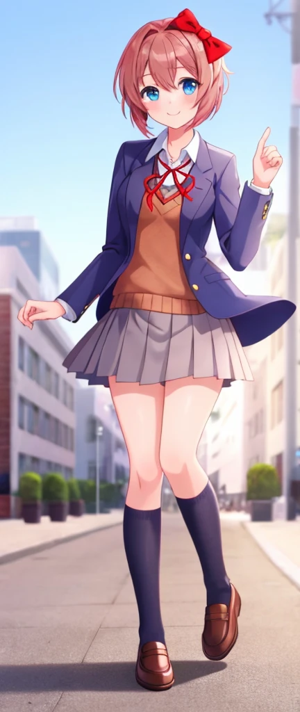 One girl, Sayori, DDLC, school blazer, hair bow, close to girl - SeaArt AI