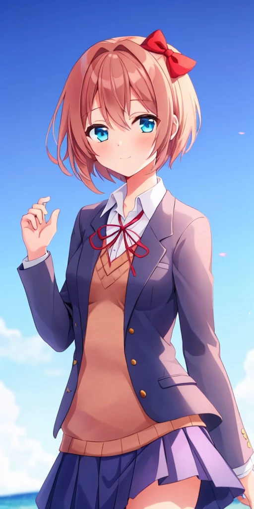 One girl, Sayori, DDLC, school blazer, hair bow, close to girl - SeaArt AI