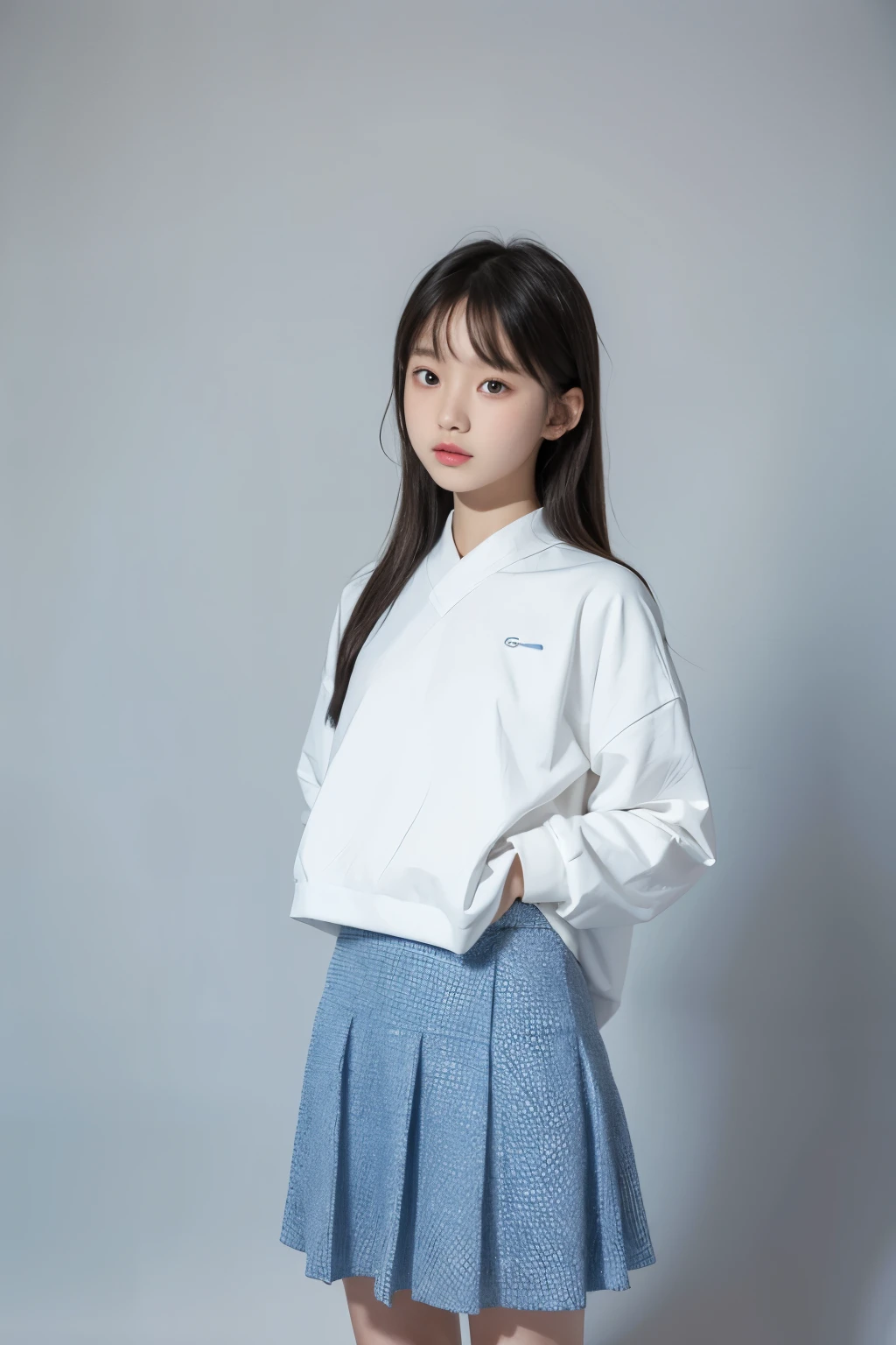 A young woman in a white shirt and blue skirt posing for a photo - SeaArt AI