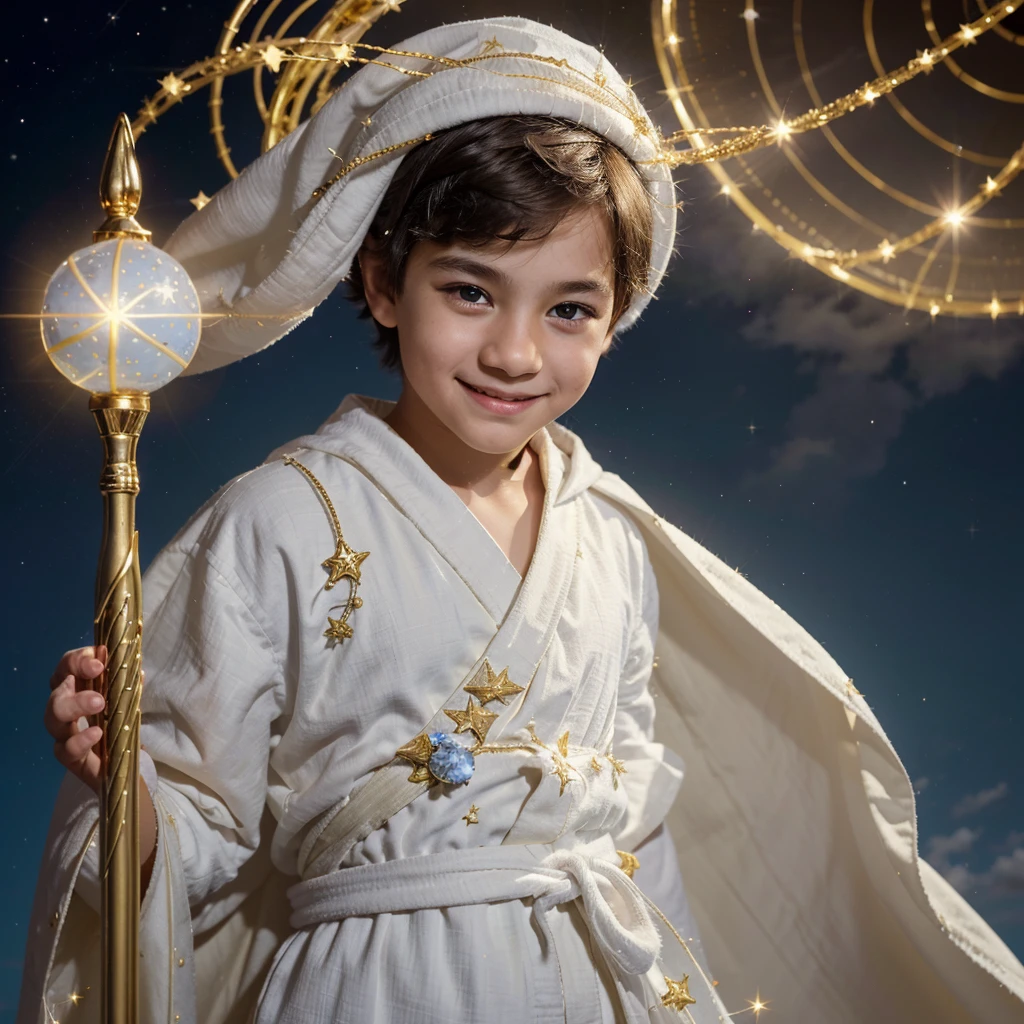 A young boy with a sweet smile, dressed in a flowing white robe with ...
