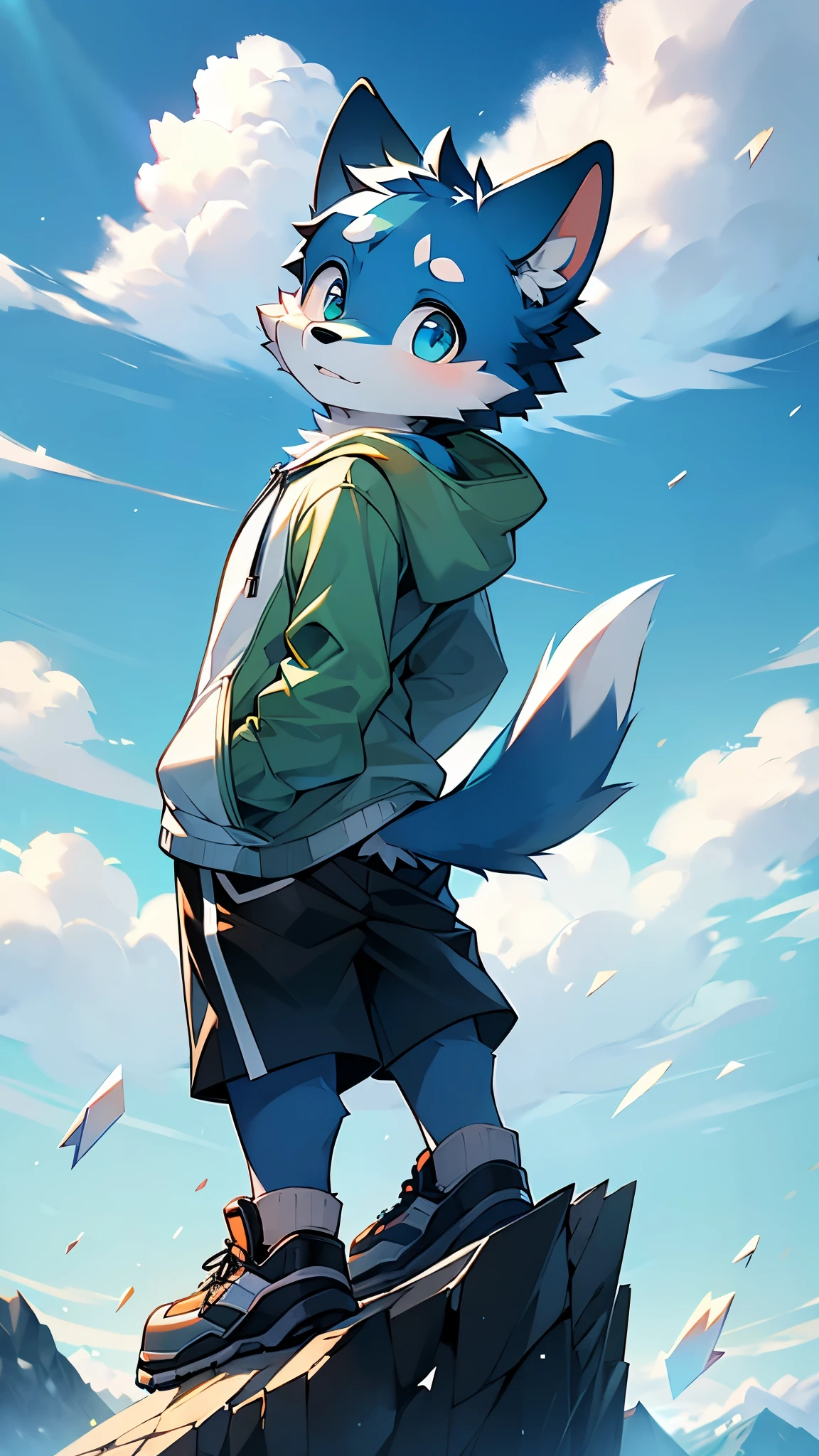 Anime boy standing on a rock with a blue sky background - SeaArt AI