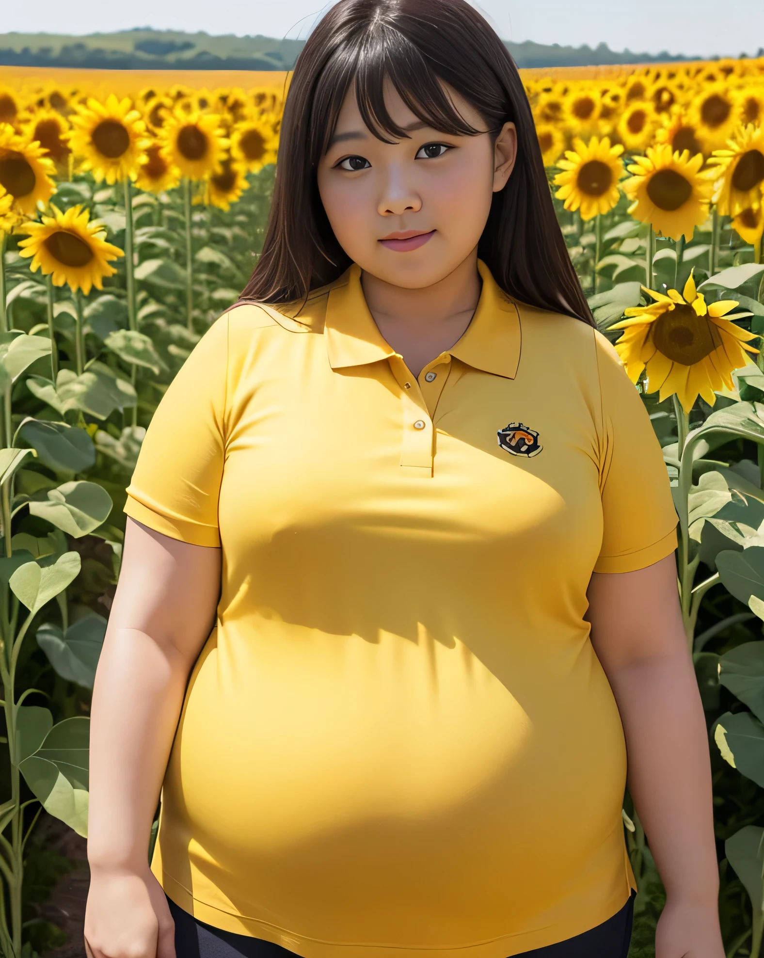 Arafed woman in a yellow shirt standing in a field of sunflowers - SeaArt AI
