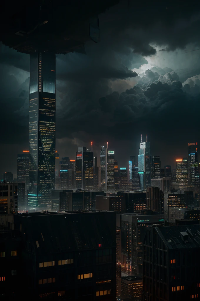 Detailed cyberpunk cityscape of Detroit, USA, skyscrapers, neon lights ...