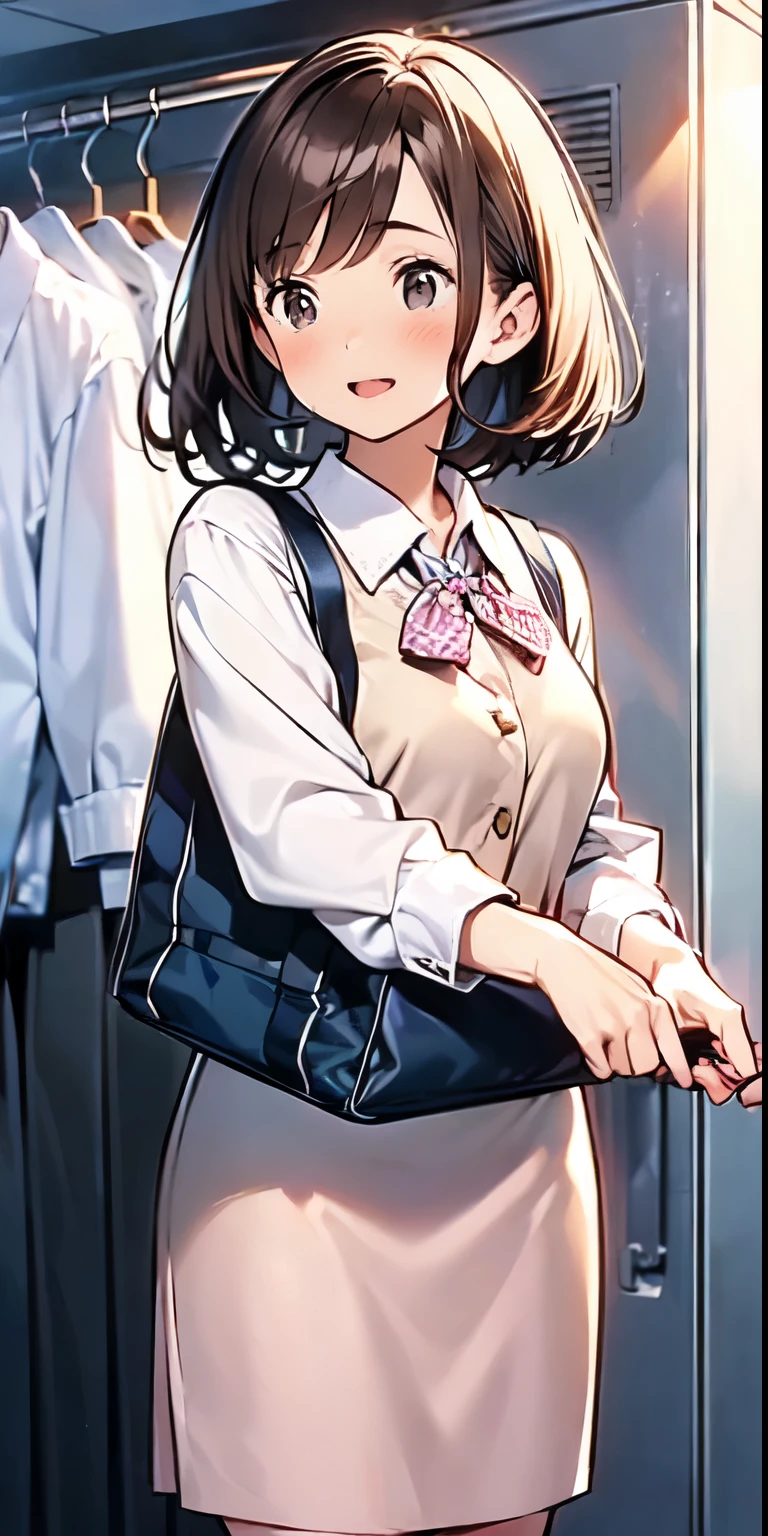 制服を着たアニメの女の子が服を着てロッカーの前に立っている - SeaArt AI