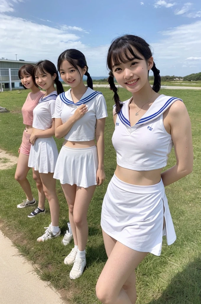 {2 | 3 | 4} 女孩們站在鄉村學校的海灘上,夏日的天空,白色微比基尼,水手襯衫,1,瀏海,一點微笑,大腿,膝蓋,低馬尾辮短髮 - SeaArt AI