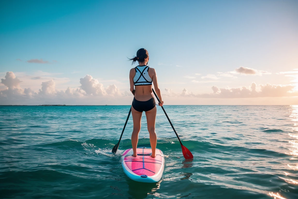Cute girl, stand up paddle board, ocean, - SeaArt AI