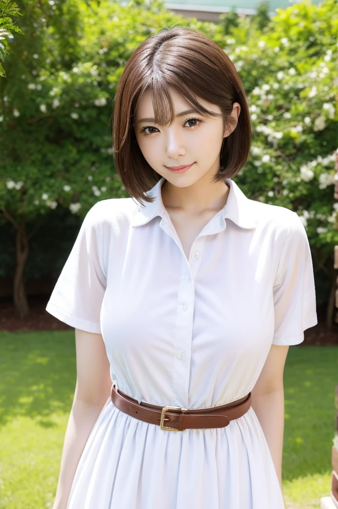 1girl, maitsubasa_jav, breasts, short hair, brown eyes, wearing collared white - SeaArt AI