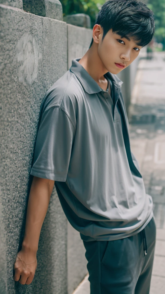 Asian alpha male in gray shirt looking at camera, Shin Jinying - SeaArt AI