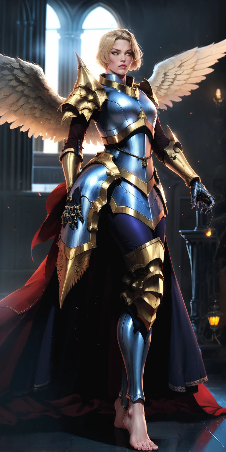 Low angle, from below, paladin templar lady in white tabard, legwear - SeaArt AI