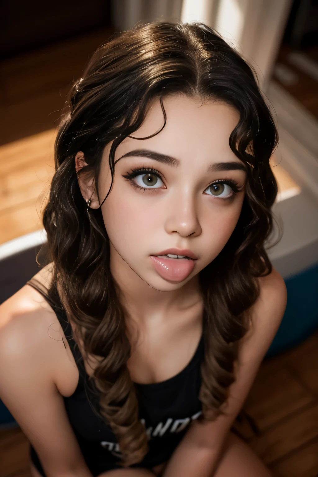 A close up of a woman with long hair and a black top - SeaArt AI