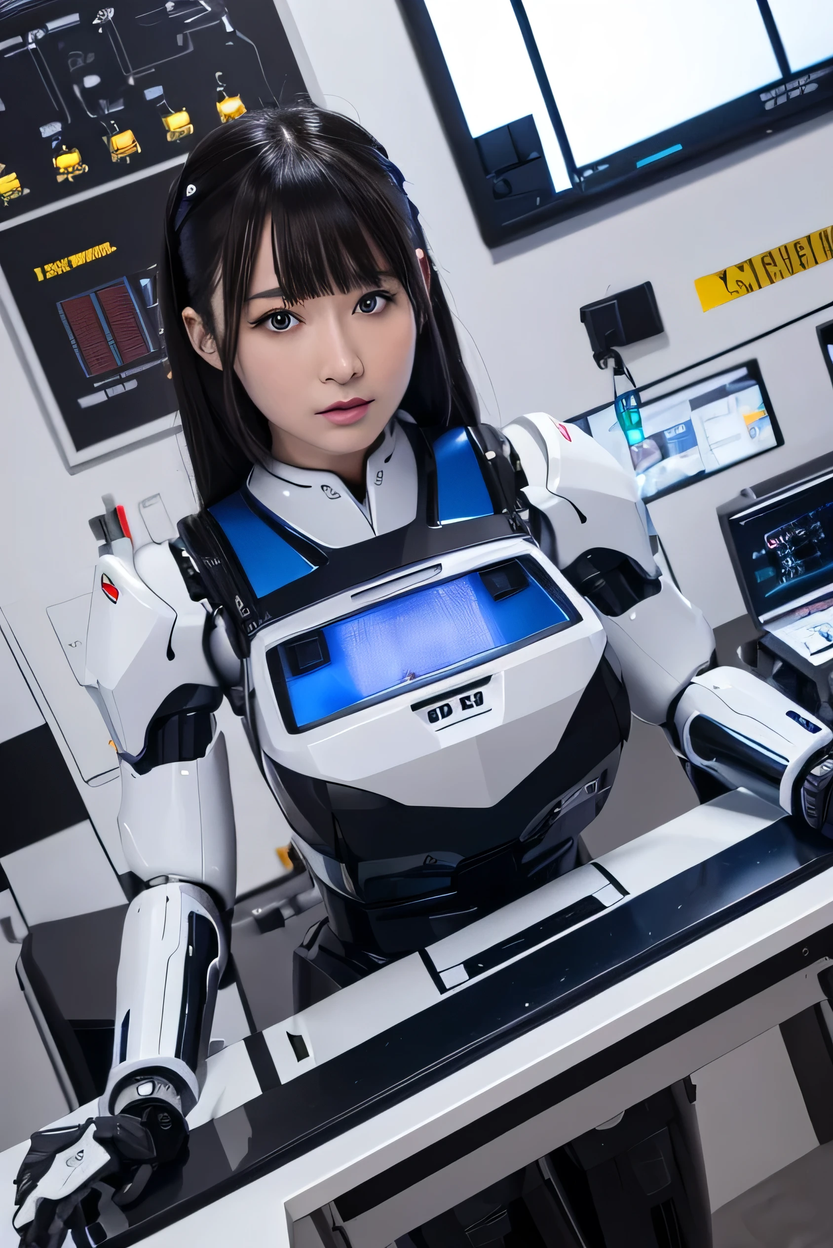 A close up of a woman in a robot suit standing in front of a computer ...