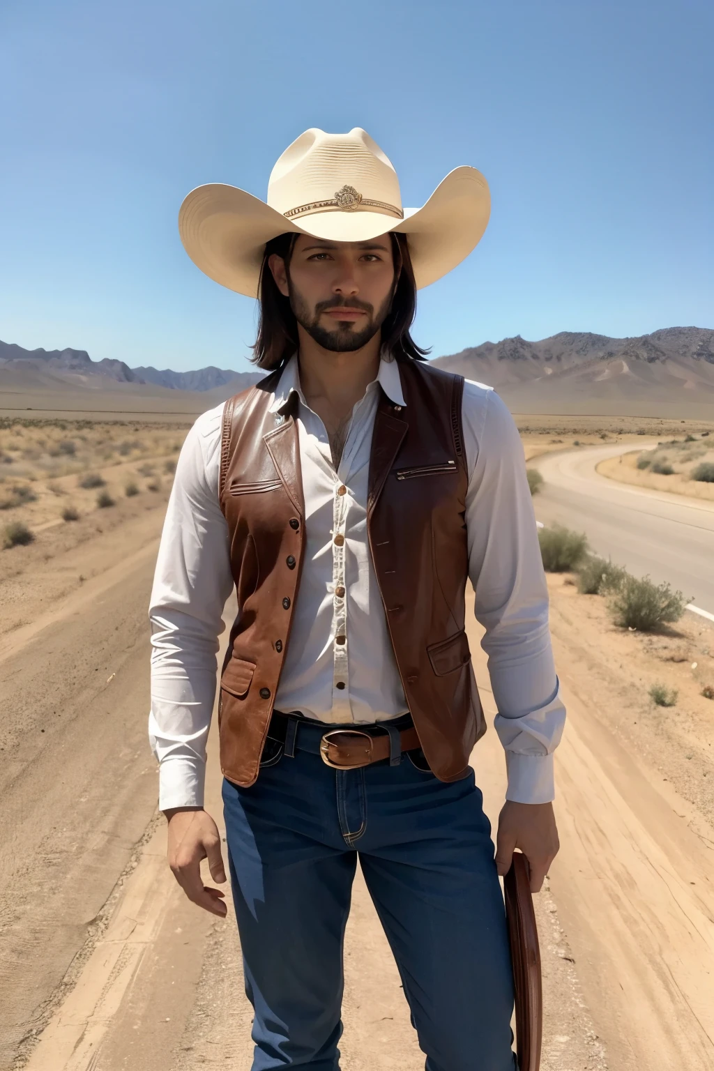 Arafed man in a cowboy hat and vest standing on a dirt road - SeaArt AI