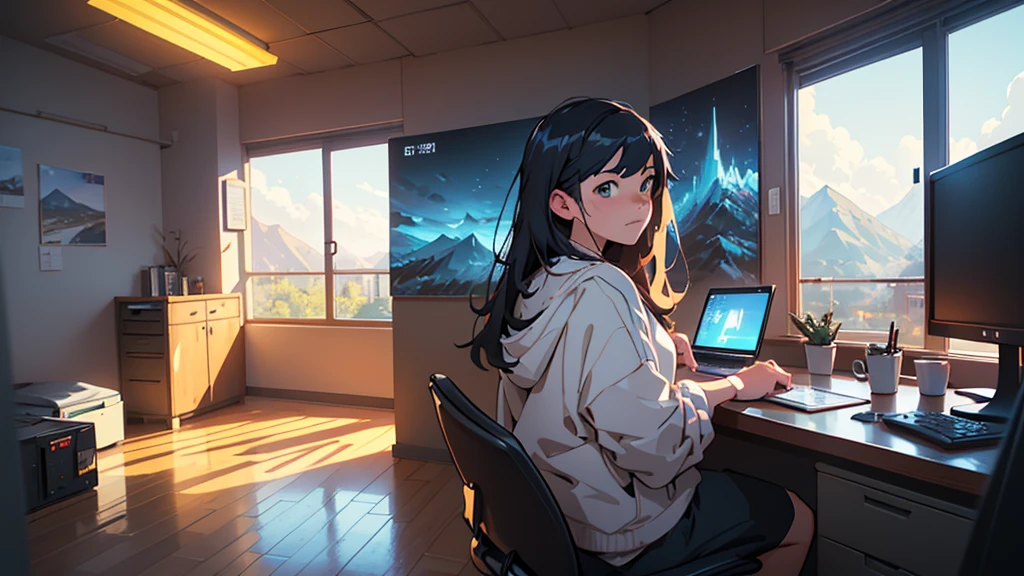 There is a computer desk in a room with a mountain view, a digital ...