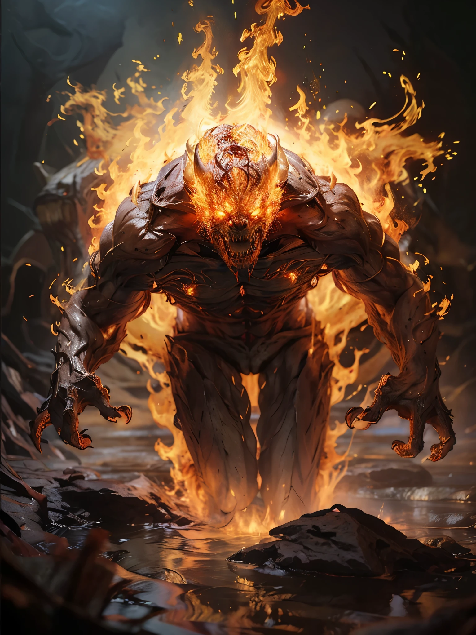 A man with a fire face and a body of fire in his hands - SeaArt AI