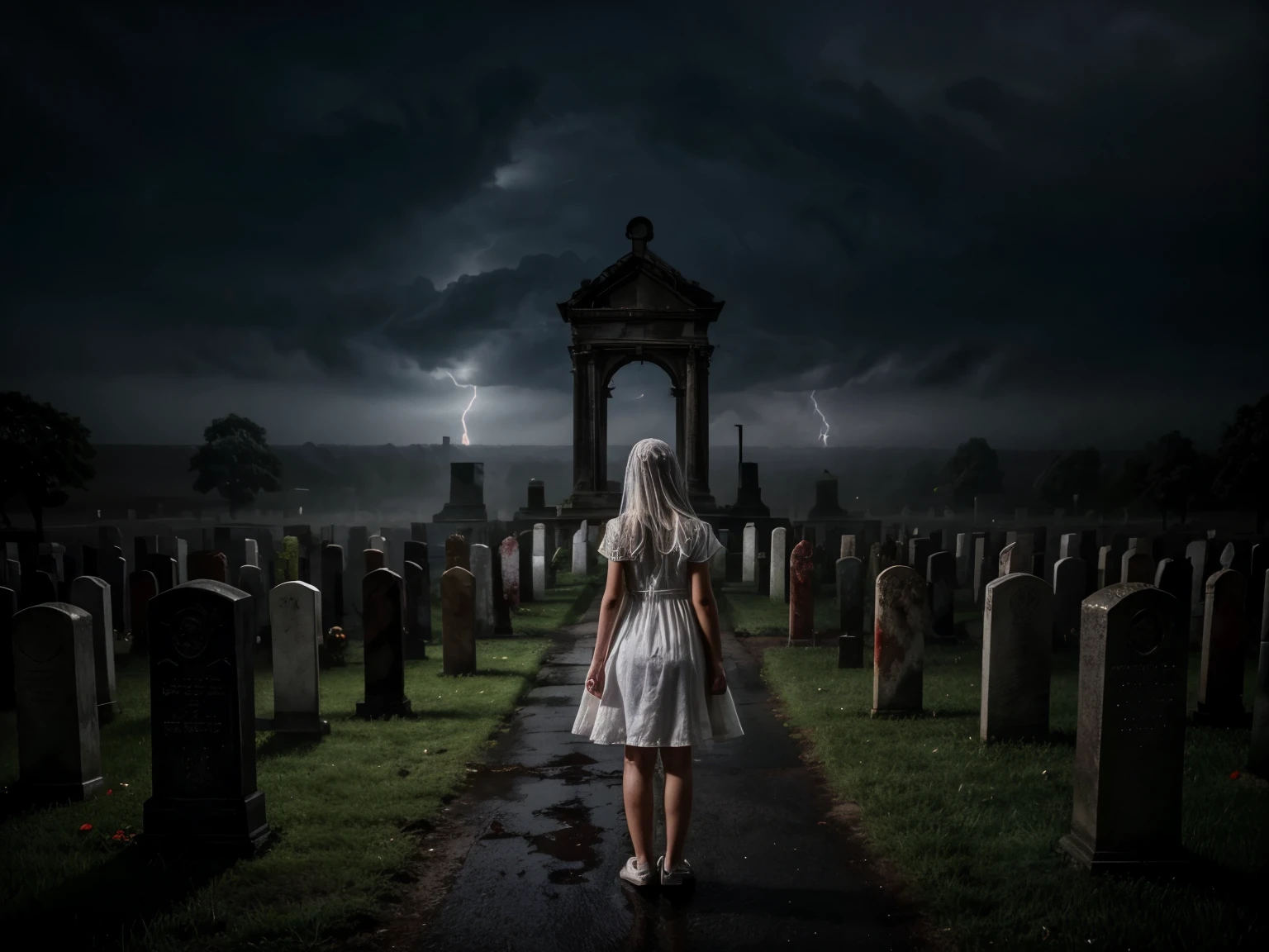 A woman in a white dress walking down a cemetery path - SeaArt AI