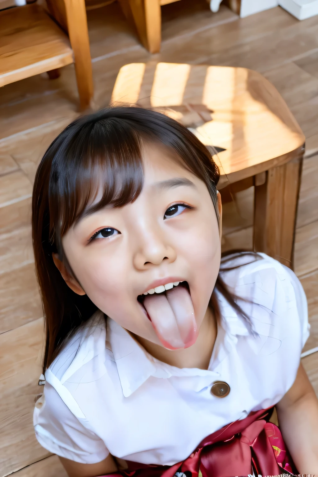 Arafed asian girl sticking out her tongue in a kitchen - SeaArt AI