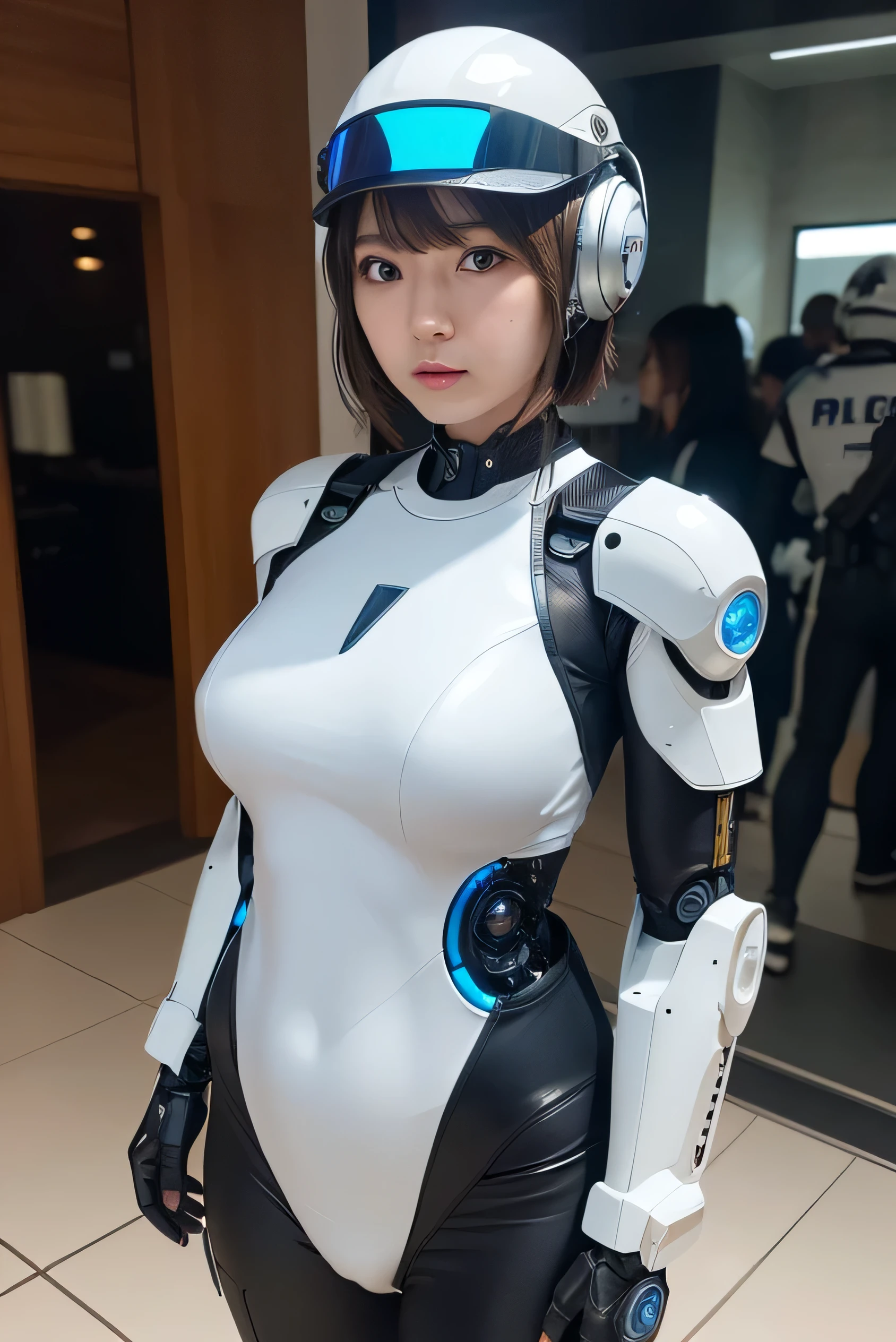 A woman in a white and black suit and headphones posing - SeaArt AI