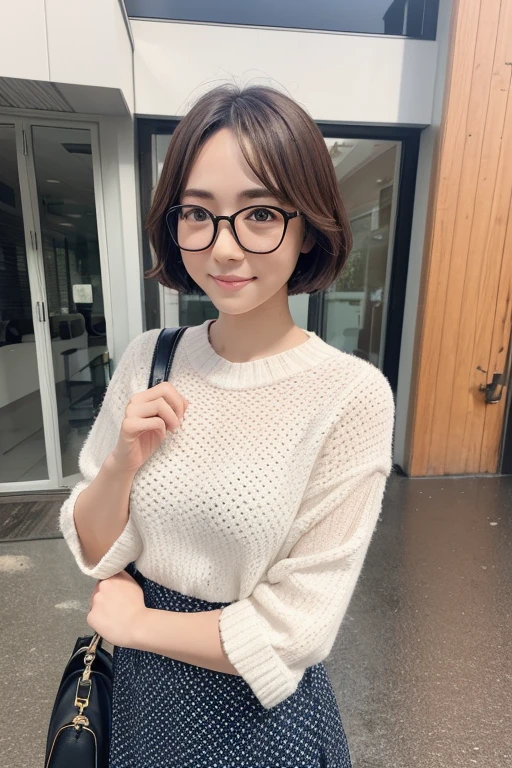 最高品質、傑作、高感度、高解像度、詳細な説明、細身の女性、眼鏡、ボブカット、水玉スカート、 Seaart Ai