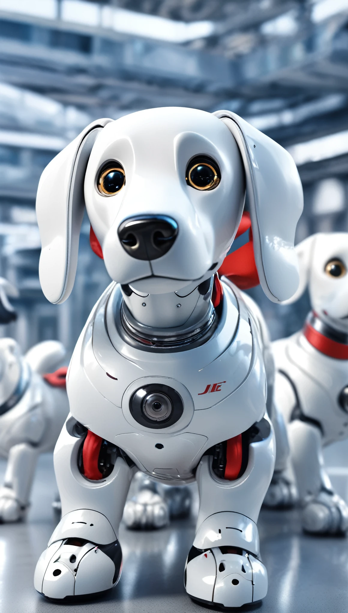 A close up of a robot dog standing in a room with other dogs - SeaArt AI