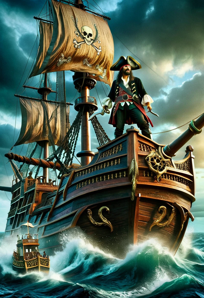 A dark fantasy style scene of a pirate on his ship battling a Kraken ...