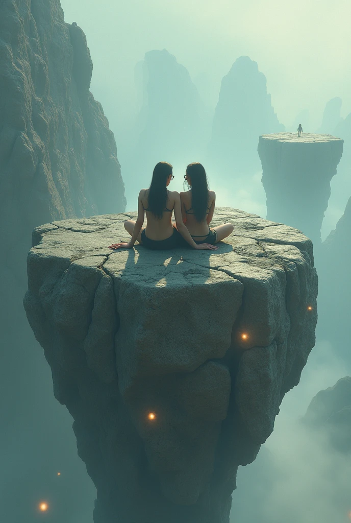 Two Adults sitting in floating rock realistic - SeaArt AI