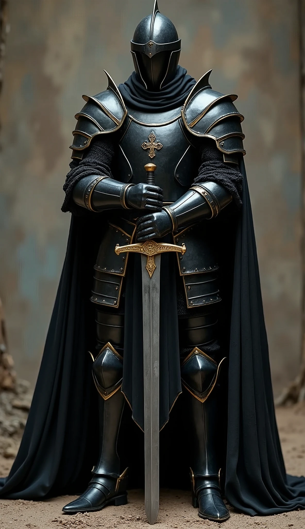 Black Knight,Knight in black armor,Stab the two-handed sword into the ground - SeaArt AI