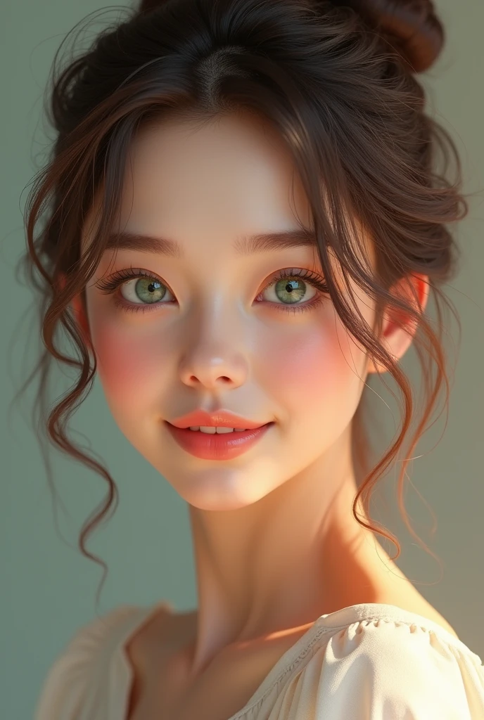A beautiful 21 year old, Light brown bun hair, greeneyes, beautiful smiling - SeaArt AI